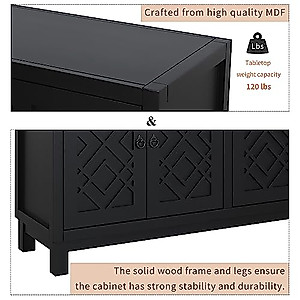 Wood Storage Cabinet, Large Storage Space Sideboard, 4 Door Buffet Cabinet with Pull Ring Handles for Living Room, Dining Room, Easy Assembly (Black)