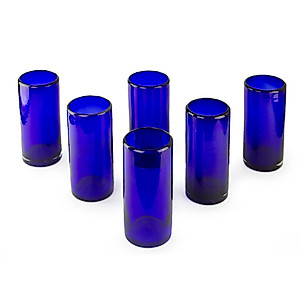 NOVICA Artisan Crafted Dark Blue Recycled Glass Hand Blown Drinking Glasses, 13 Oz. 'Pure Cobalt' (Set Of 6)