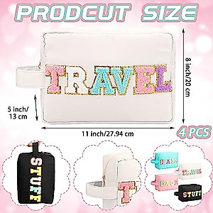 Cunno 4 Pieces Large Preppy Makeup Bag Chenille Letter Patch Makeup Bag 11x8x5 inch Nylon Cosmetic Bag Portable Zipper Face Bag Cute Girls Toiletry Bag for Women Travel (Letter Patches)