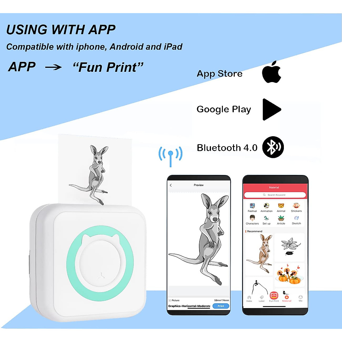 Portable Pocket Printer, Mini Bluetooth Thermal Mobile Printers with 10 Rolls Printing Paper and 5 Colored Pens Compatible with Android iOS, Inkless Printing Gift for Study Office Receipt Photo Notes