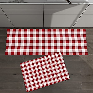 IDOWMAT Kitchen Rug Sets of 2 - Absorbent Non-Slip Kitchen Mats Farmhouse Red White Buffalo Checkered Plaid Floor Comfort Mats Doormat for Kitchen Office Laundry 15.7x23.6in + 15.7x47.2in