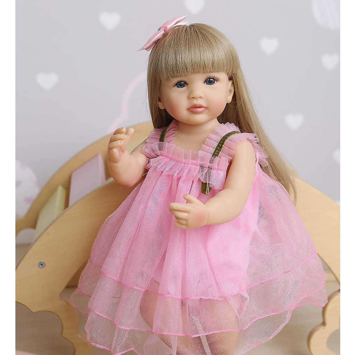ROSHUAN Reborn Baby Dolls Girl 22 inch Lifelike Realistic Toddler Reborn Doll Silicone Vinyl Full Body Waterproof with Blond Long Hair Pink Dress for Birthday Gifts