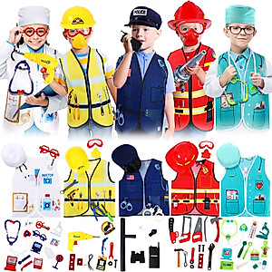 Deekin 5 Sets Kids Dressing up Costumes, Toddler Dressing up and Play for Age 3-7, Construction Worker, Police, Firefighter, Doctor, Surgeon Vest for Boys Girls Pretend Role Accessories