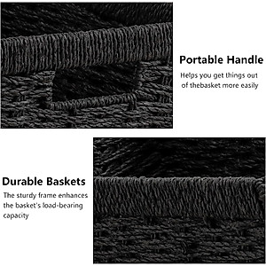 UBBCARE 2 Pack Wicker Basket, 13.4L×8.3H×7.1W inch Woven Paper Rope Storage Baskets for shelves, Foldable Rectangular Storage Baskets with Handle, Storage Basket for Organizing, Black