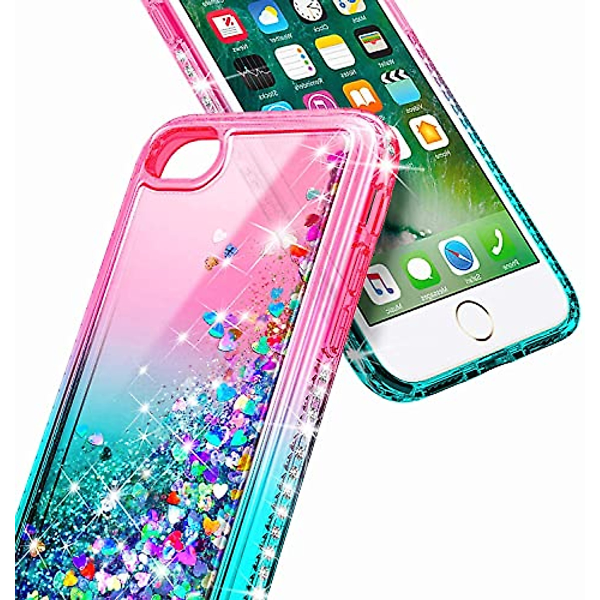 NGB Compatible for iPhone 6 6S 7 8 Case, iPhone SE 3 2022/iPhone SE 2 2020 Case with Tempered Glass Screen Protector, Ring Holder, Girls Women Kids Liquid Glitter TPU Cute Case (Pink/Aqua)