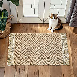 Small Bathroom Rug, 2'x 3' Boho Entryway Rug Washable Cotton Woven Front Door Mat with Tassels, Low Pile Reversible Kitchen Rugs Soft Tan Throw Rug Farmhouse Carpet for Indoor Entry Décor
