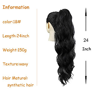KETHBE 24 Inch Long Body Wave Ponytail hair Extension Synthetic Heat Resistant Wrap Around Drawstring Curly Wavy Ponytail Hairpieces for Women(Black)