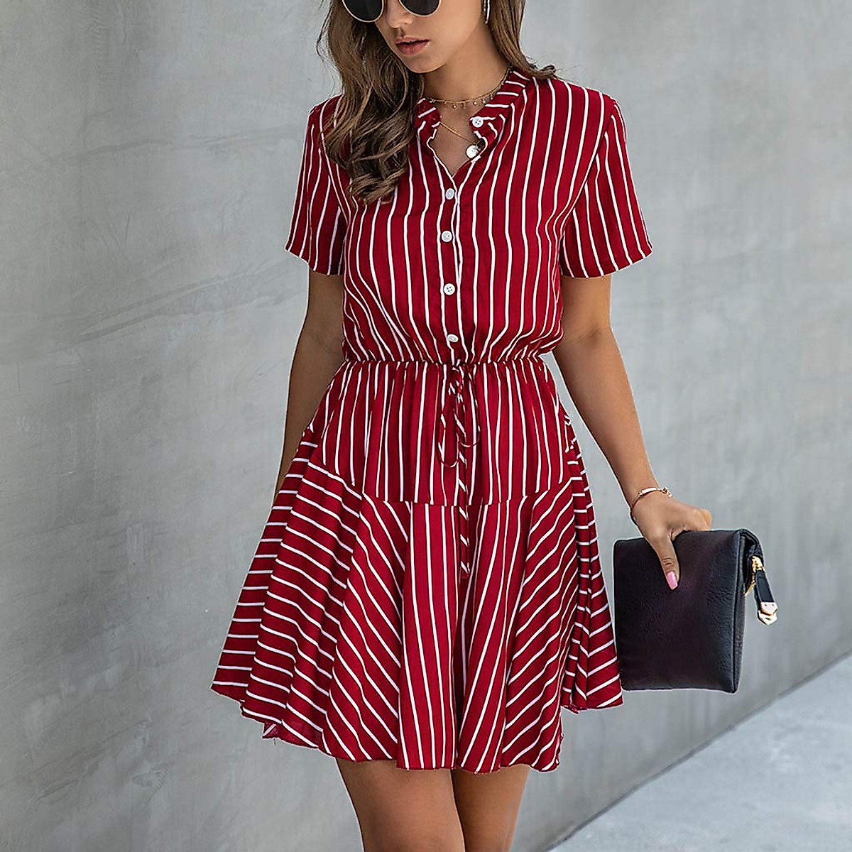 Shakumy Women Short Sleeve Button Swing Mini Dress Casual Summer Plaid Stripe Snakeskin Loose Tunic Shirts Short Dress