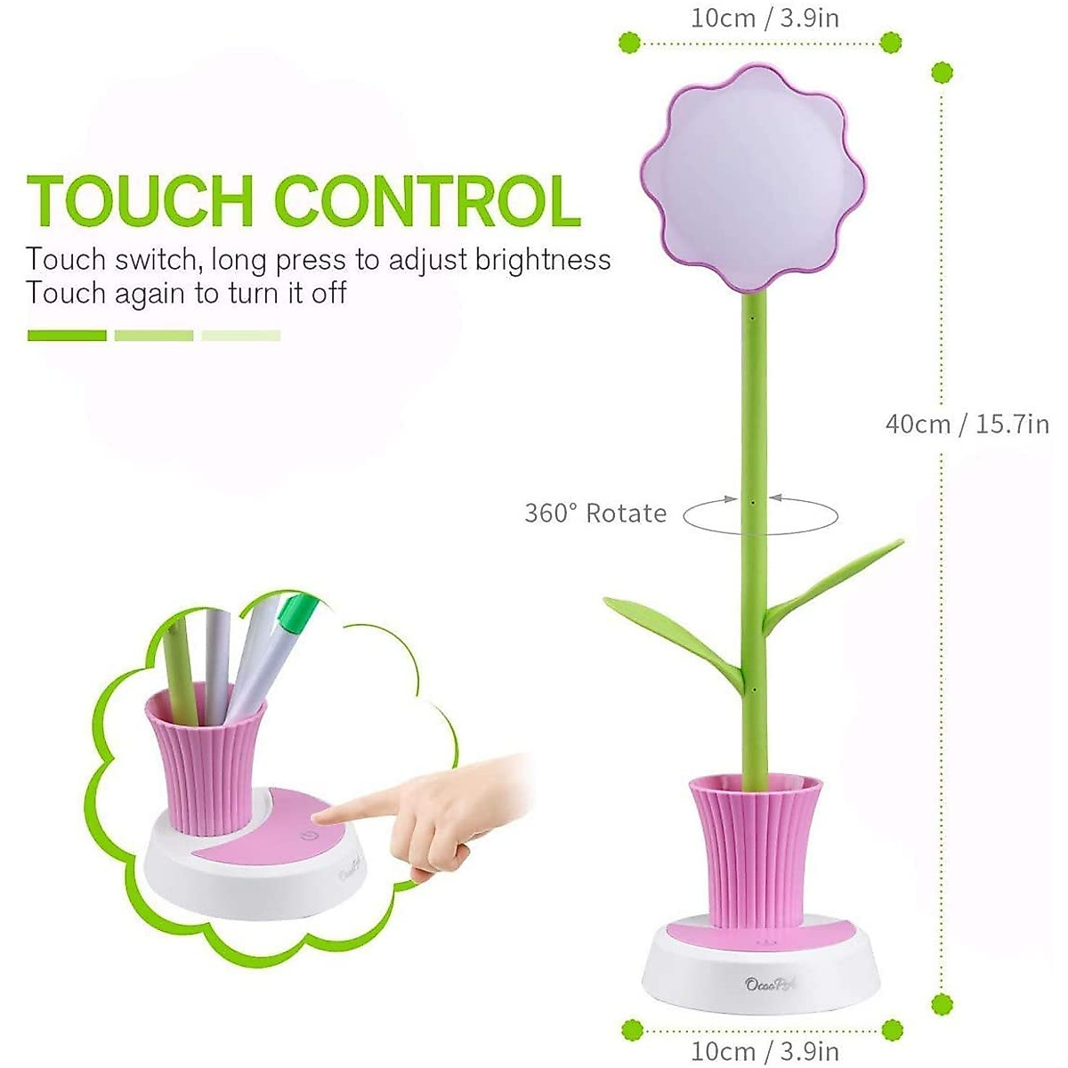 Vimbo Kids Desk Lamp - Creative Rechargeable Desk Lamp LED Eye Protection Touch Sensor Table Lamp Dimmable Bedside Lamp with Pen Holder (Pink)