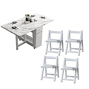 FUNROLUX Folding Dining Table and 4 Piece Folding Dining Chair Set, White Wooden Foldable Dining Table with Padded Seats Chairs