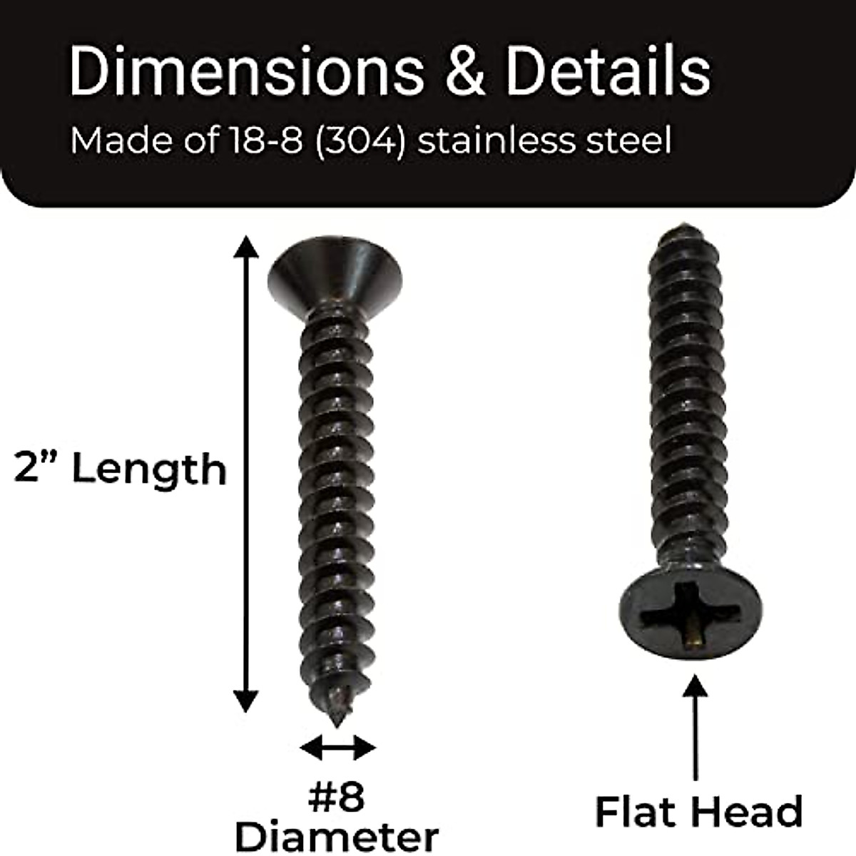 Bolt Dropper No. 8 x 2'' Black Screws, Xylan Coated Stainless Flat Head Phillips Wood Screw Deep Cut (25 Pack), 18-8 (304) Stainless Steel Anti Corrosion
