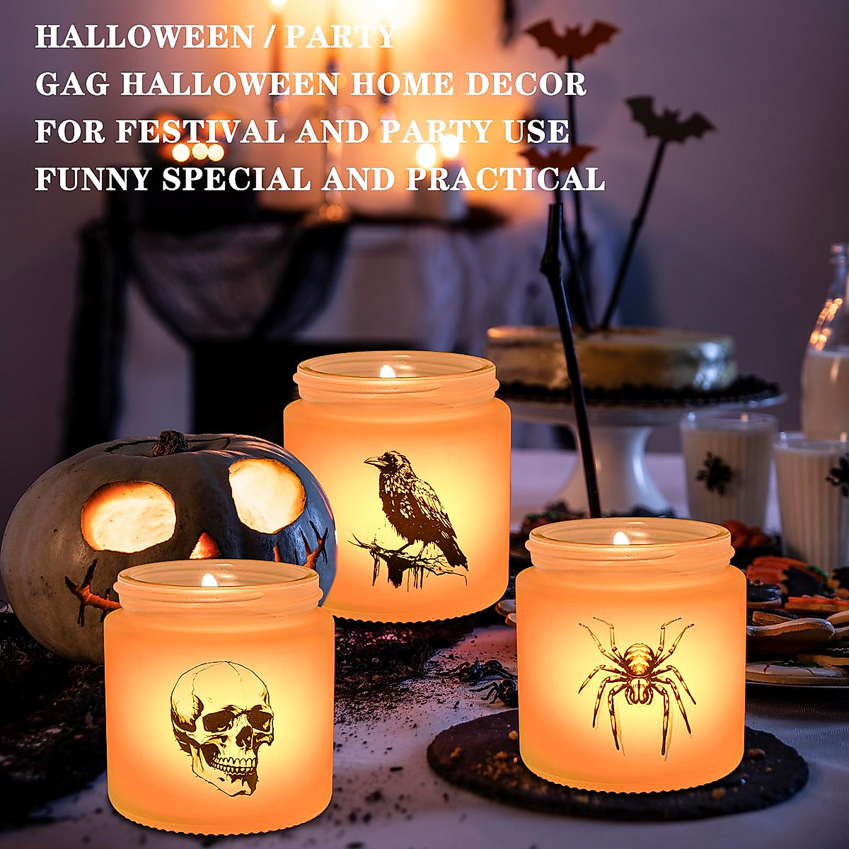 Homsolver Halloween Candles, Halloween Decorations Indoor Decor Gifts, Hallloween Spooky Skull Crow Spider Candles, Halloween Home Decor Indoor - Hallloween Lavender 3 Candles Set with LED Light