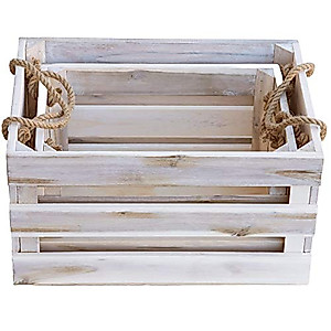 White Wooden Crates Decorative Set with Chalk Face and Rope Handles, Rustic Storage Crates (18 and 15 Inch)