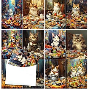 PIXILUV Pack of 12 Notecards ~ Happy Cats Birthday Celebration ~ Funny Animals Cards ~ Happy Birthday Greeting Card ~ Vintage Greeting Card Book Postcards for All Occasions