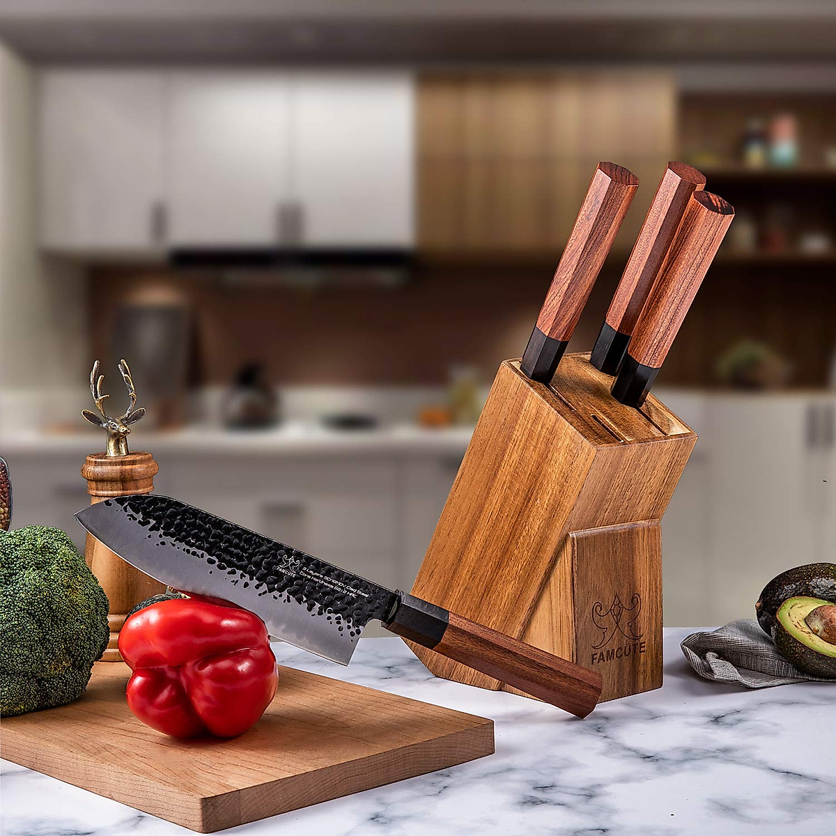 FAMCÜTE Japanese Chef Knife Set, 3 Layer 9CR18MOV Clad Steel w/Rosewood Handle and Block Wooden Holder for 4PCS Kitchen Knife Set (8” Gyuto Knife, 7” Nakiri Knife, 7” Santoku knife, 5” Utility knife)