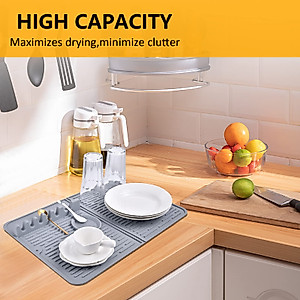 VENMATE Silicone Dish Drying Mats for Kitchen Counter, Heat Resistant Mat, Spoon Rest, Utensil Rest spatula holder with Drip Mat, Sink Mat with Cooking Spoon Holder(Grey(19" x 14"))