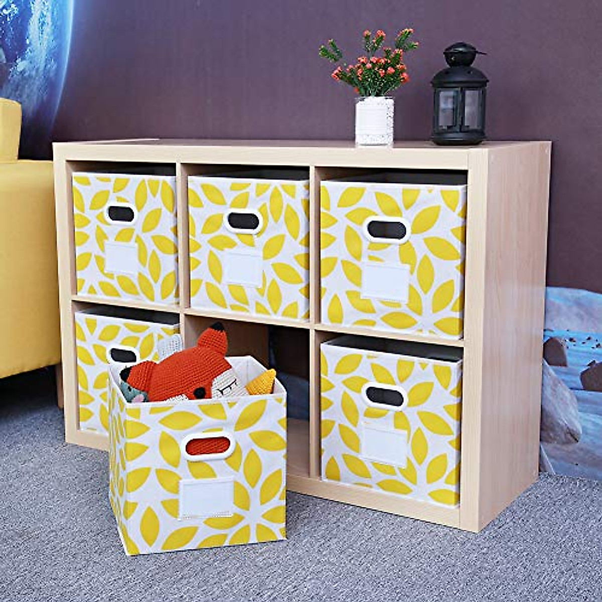 MAX Houser Fabric Storage Bins Cubes Baskets Containers with Dual Plastic Handles for Home Closet Bedroom Drawers Organizers, Flodable, Set of 6 (Yellow)