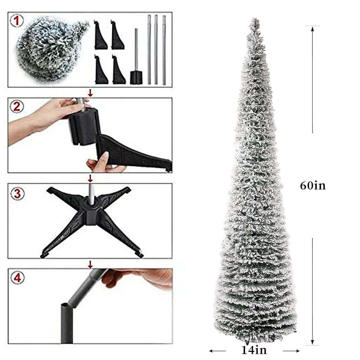 DOYOLLA Snow Flocked Christmas Tree 5ft, Artificial Small Pop up Collapsible Snow White Flocked Pencil Pine Tree for Holiday Christmas Decorations Indoor Outdoor