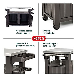 Keter Unity XL Portable Outdoor Table and Storage Cabinet w/ Accessory Hooks, Stainless Steel Top for Patio Kitchen Island or Bar Cart, Espresso Brown