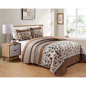 Kids Zone Home Linen Bedspread Set Brown Tan Sky Blue Leaves White New (Twin/Twin Extra Long)
