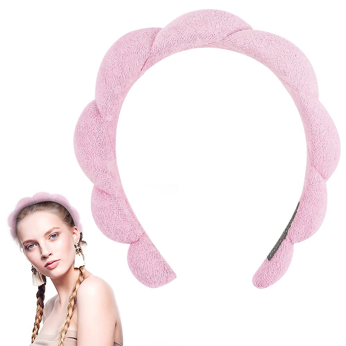 URAQT Spa Headband for Women, Non Slip Puffy Makeup Headband Soft Absorbent Sponge Terry Towel Cloth Fabric Head Band, Thick Padded Hair Hoops Bubble Headband for Face Washing, Skincare, Facial Mask