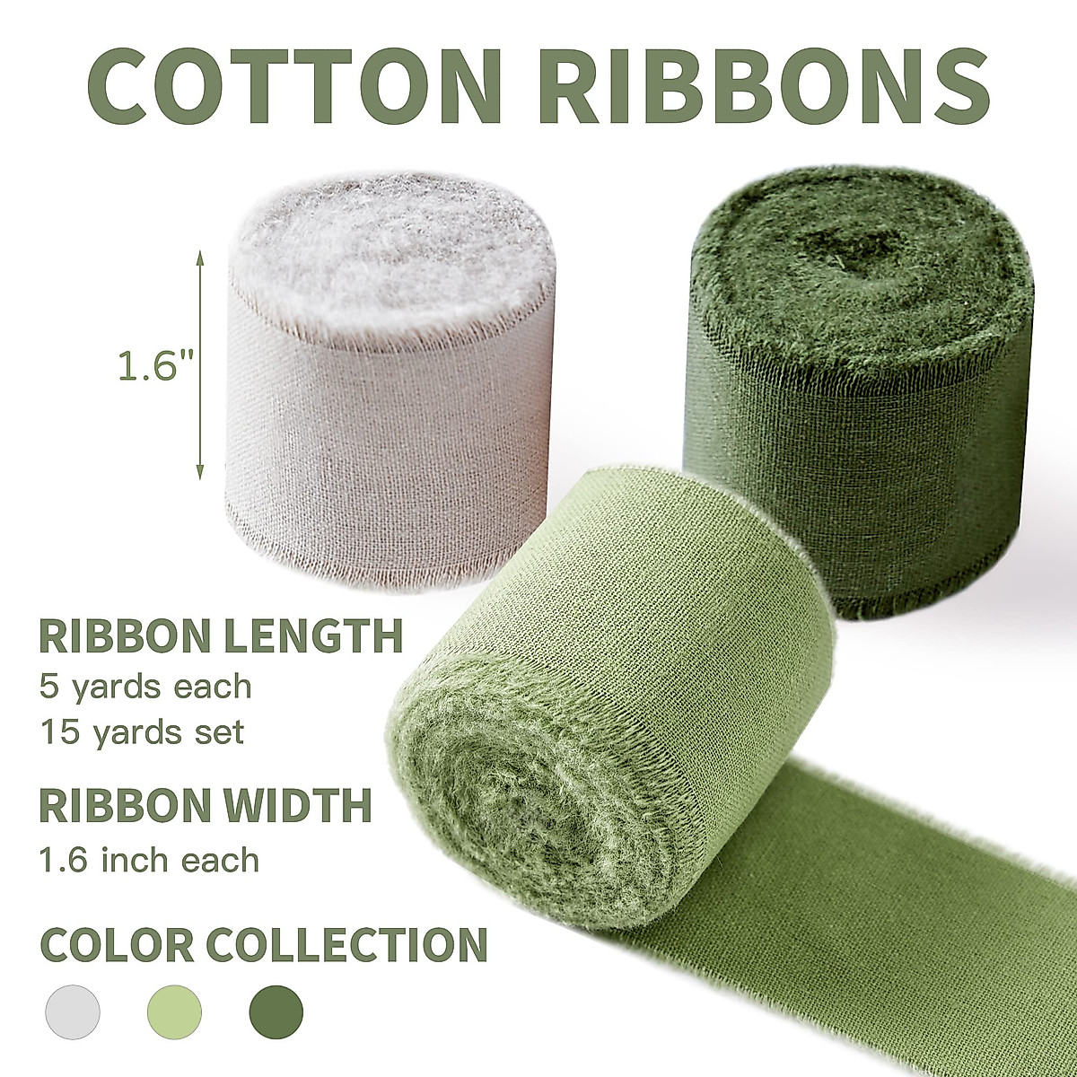 Keypan Green Ribbon 1-1/2 x 15 Yards Handmade Cotton Frayed Fringe Fabric Ribbons for Crafts Flower Bouquets Wedding Baby Shower Home DIY Decor