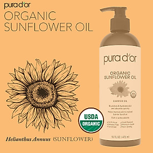 PURA D'OR 16 Oz ORGANIC Sunflower Seed Oil - 100% Pure & Natural USDA Certified Cold Pressed Carrier Oil For DIY Beauty - Unscented, Hexane Free Liquid Moisturizer - Face Skin & Hair - Men & Women