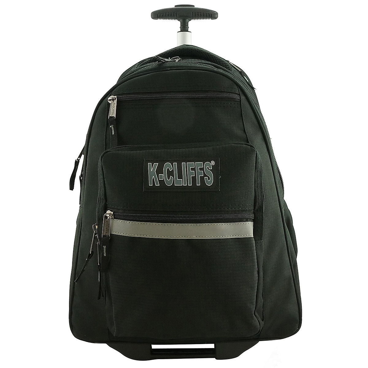 K-Cliffs Heavy Duty Rolling Backpack School Backpacks with Wheels Deluxe Trolley Book Bag Wheeled Daypack Workbag Multiple Pockets Bookbag with Safety Reflective Stripe Black