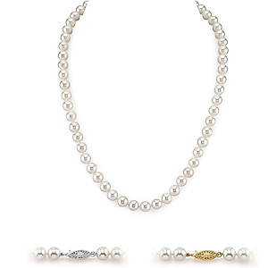 The Pearl Source Real Pearl Necklace for Women with 6.5-7.0mm AAA+ Quality Round White Freshwater Genuine Cultured Pearls | 18 inch Pearl Strand with 14K Gold Clasp