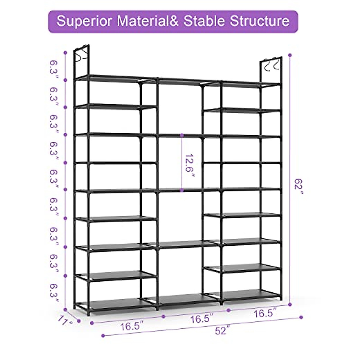Finew 9 Tiers Shoe Rack Shoe Organizer, Shoe Rack for Entryway, Large Shoe Storage for 50-55 Pairs Shoes and Boots, Non-Woven Fabric Shoe Shelf with Versatile Hooks and Wooden Hammer for Bedroom