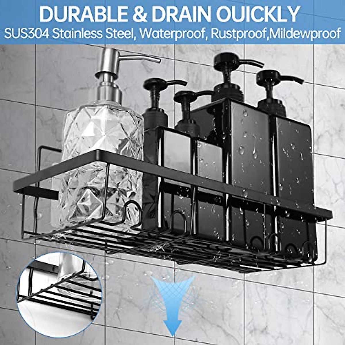 2 Pack Shower Caddy Shelf Organizer,Adhesive Shower Caddy,Rustproof Shower Shelves,Wall Mounted Shower Rack,Stainless Steel Bathroom Shower Organizer for Inside Shower Storage,No Drilling,Black