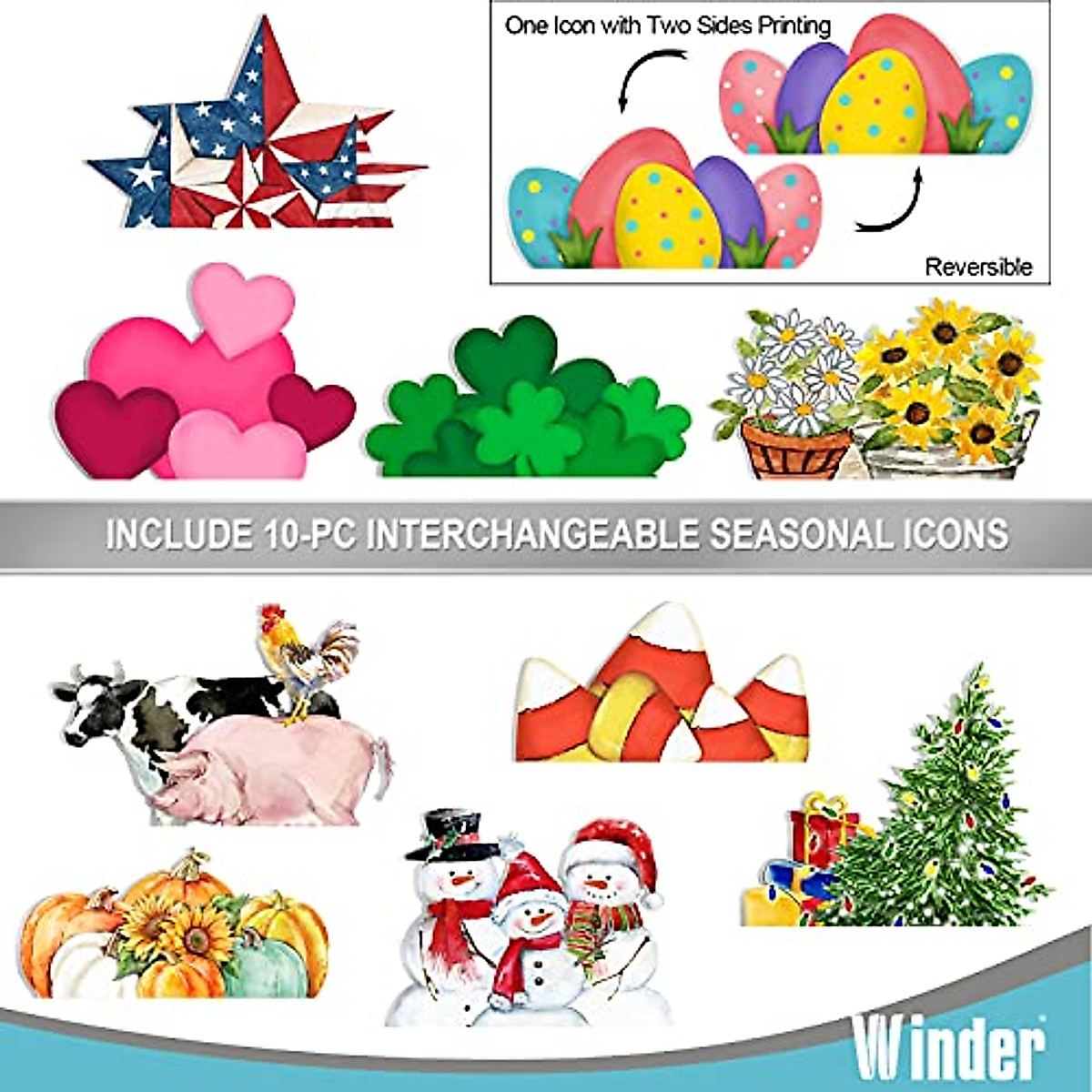 Winder Welcome Sign & Home Sign for Front Door 2-Side Rustic Red Truck Decor with 10-PC Interchangeable Holiday Icons for Spring Easter 4th of July Fall Harvest Halloween Christmas Seasonal Wall Hanging & Table Decorations(2-Side Red Truck)