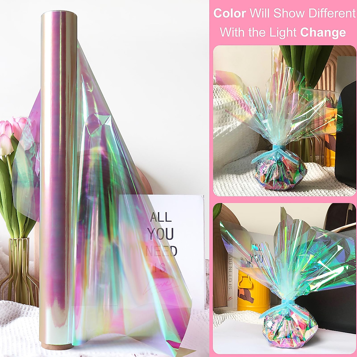SYOGUA Iridescent Pink Cellophane Wrap Roll (17 in Wide x 66 ft Long) Colorful Gift Wrap Cellophane Roll Transparent Iridescent Cellophane Wrapping Plastic for Baskets, Treats, DIY Craft, Gifts