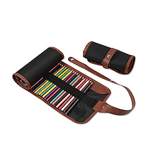 1 Pack Colored Pencils Roll 48 Slot Canvas Pencil Organizer Bag Wrap Multi Use Roll Up Pencil Case Pencil Pouch Holder Rollable Pouch for Painter Artist School Office Travel (Black)