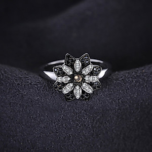 JewelryPalace Daisy Flower Sunflower Genuine Natural Smoky Quartz Black Spinel Cocktail Rings for Women, 14K White Gold Plated 925 Sterling Silver Rings for Her, Natural Gemstone Jewelry Sets 6