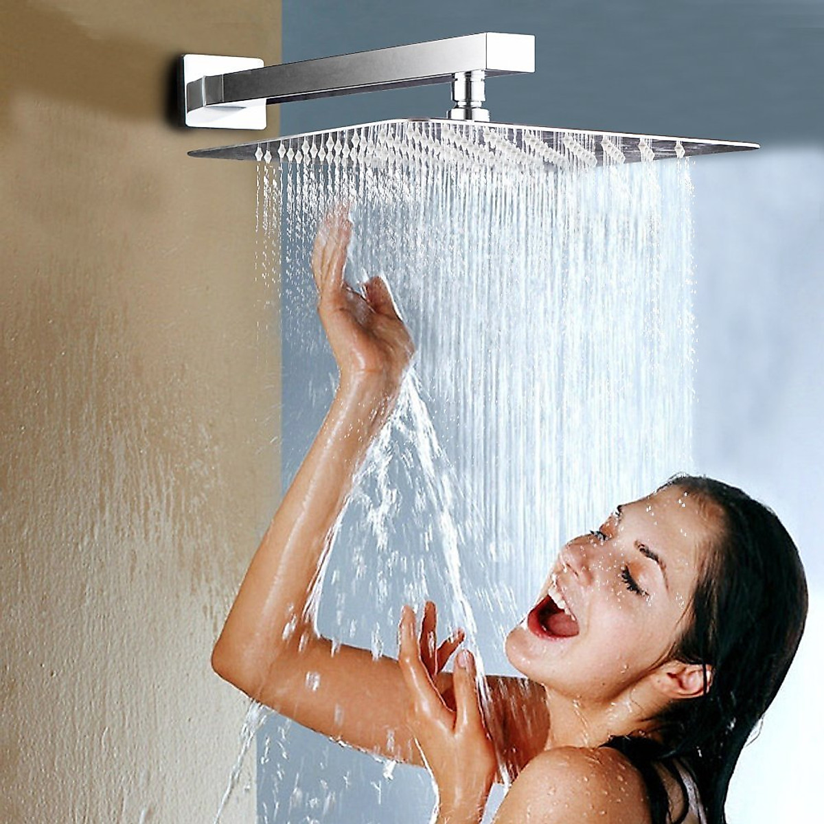 Voolan All Metal Shower Head with Extension Arm, Stainless Steel Waterfall Rainfall Showerheads, High Flow Bathroom Square Rain Shower Head (12’’ Shower Head with 16’’ Shower Arm, Brushed Nickel)
