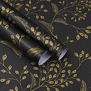Heroad Brand Peel and Stick Wallpaper 196"x17.3" Black and Gold Wallpaper Boho Peel and Stick Wallpaper Floral Contact Paper Leaf Removable Wallpaper Self Adhesive for Cabinets Shelf Liner Vinyl Roll