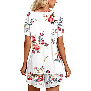 TAOHUADAO Womens Summer 2 Piece Pajama Sets, Short Sleeve Pleated Tunic Tops with Comfy Shorts, Lounge Sleepwear Ladies Pjs Sets with Pockets M, Floral White