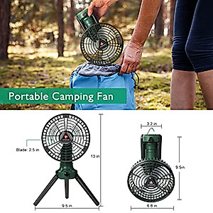 SISMEL Portable Camping Fan with Light, 10400mAh Rechargeable Battery Operated Fan, Stepless Speed and Small Quiet Outdoor Tent Fan, USB Oscillating Fan for Bedroom Bedside, Camp Tents, Office Desk