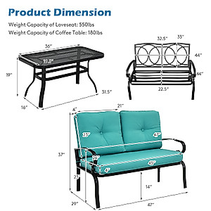 Giantex Patio Loveseat with Coffee Table Outdoor Bench with Cushion and Metal Frame, Loveseat Porch Furniture Set Sofa for Garden, Yard, Patio or Poolside