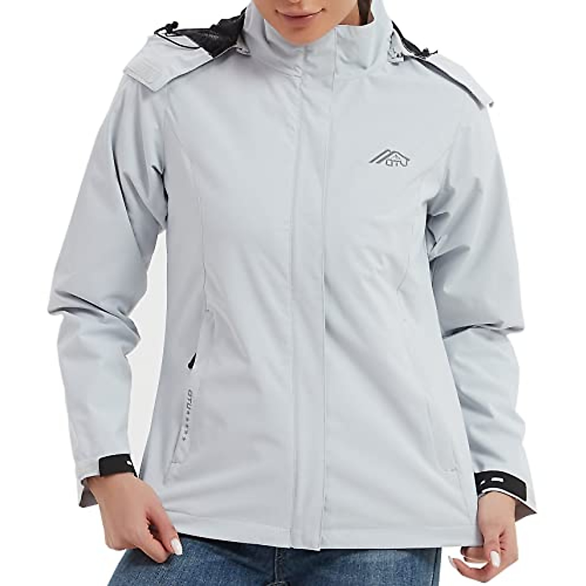 OTU Women's Waterproof Rain Jacket Lightweight Hooded Raincoat for Hiking Travel Outdoor Light Gray L