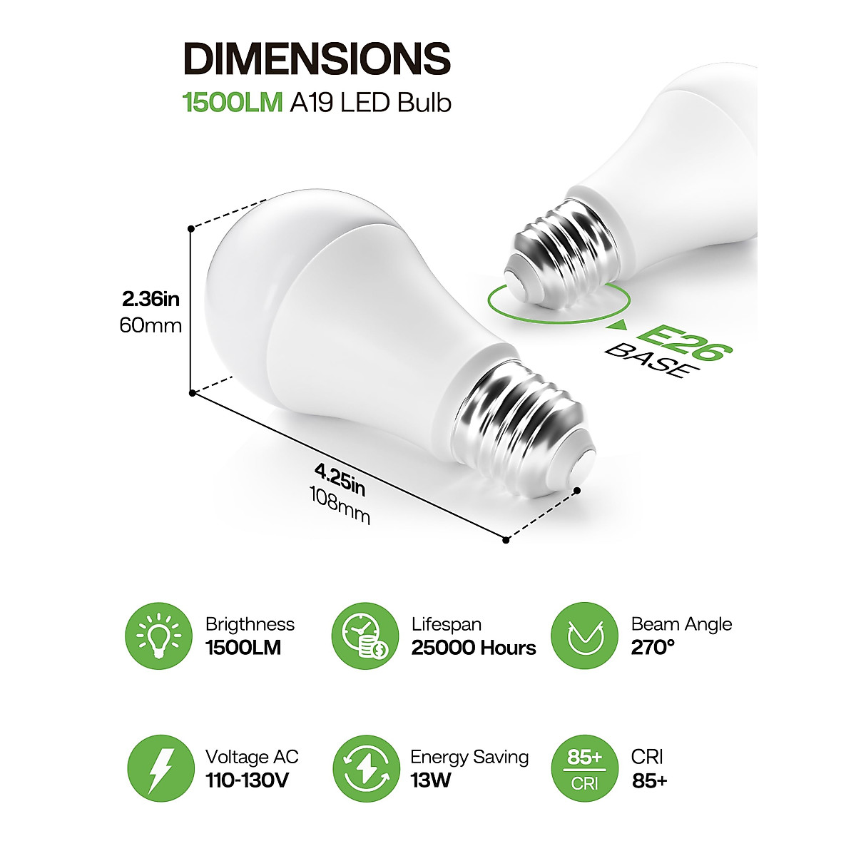 Eastiya A19 LED Light Bulbs 100 Watt Equivalent Daylight 5000K, 13W 1500LM Super Bright LED Bulb, E26 Base, Energy Saving, 20000+ Hours Longevity, Non-Dimmable, No Flickering, 4-Pack