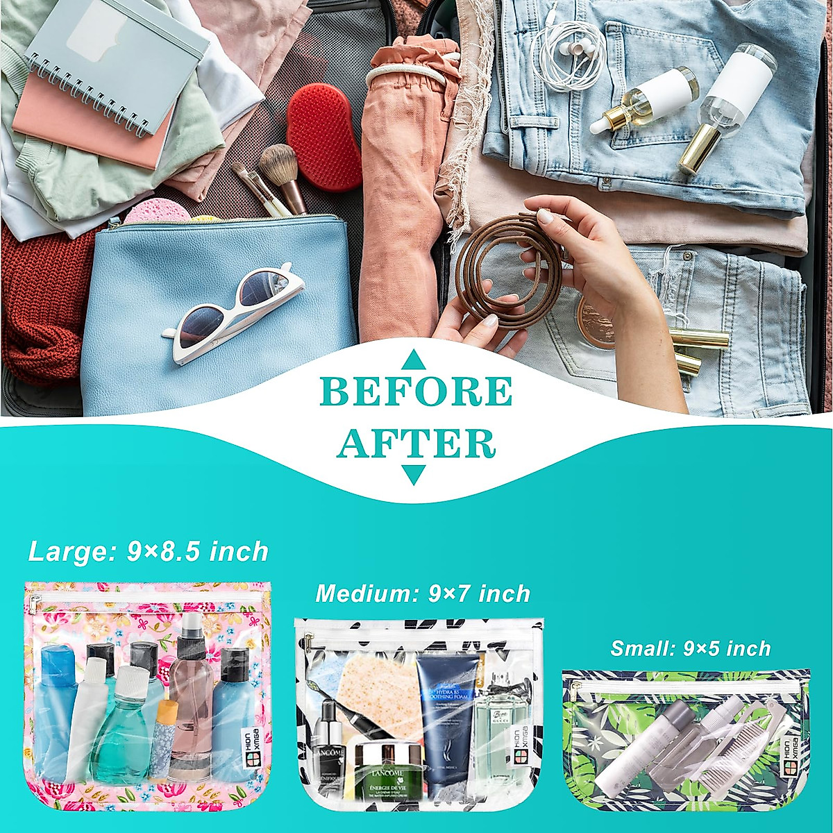 HIONXMGA TSA Approved Toiletry Bag,Set of 3 Clear Travel Toiletry Bags Quart Size Zipper Travel Pouch,Waterproof Travel Makeup Cosmetic Bag for Women Men Toiletries Carry on Airport,Arrow A