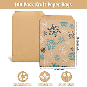 Whaline 100 Pack Winter Christmas Treat Bags Blue White Snowflakes Prints Goodies Snack Gift Bags Christmas Kraft Candy Buffet Paper Bags for Xmas Winter Holiday Party Favor Supplies, 5 x 7Inch