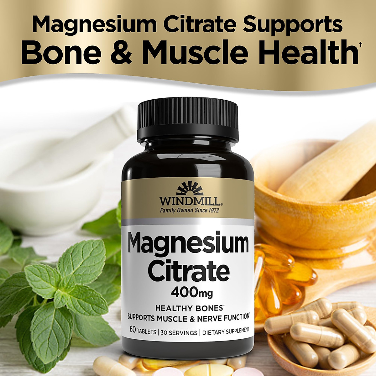 Windmill Natural Vitamins Magnesium Citrate 400 mg, Immune Support, Supports Muscle Recovery, Supports Healthy Heart, 60 Count, 30 Servings