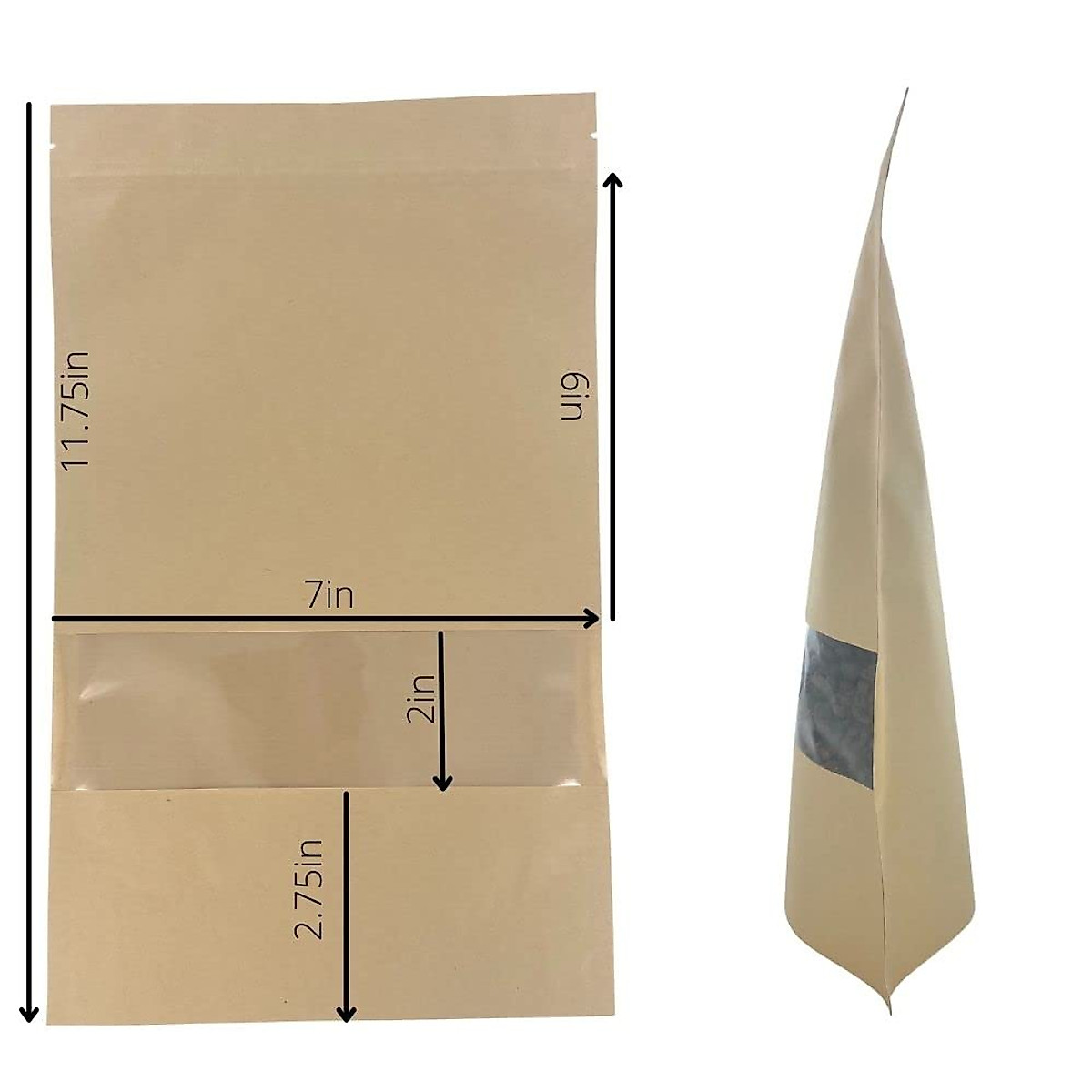 All Day Gourmet 100 pcs Kraft One Pound Stand Up Pouches, Ziplock Bags with Transparent Window, Reusable, ReSealable Tab Lock Brown Window Cookie Coffee Treat Bags-7.0X11.8 inches, ADGW1POUND