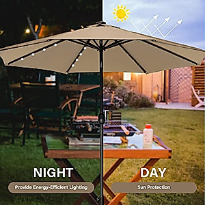 Simple Deluxe 9' Solar Umbrella 32 LED Lighted Patio Umbrella Table Market Umbrella with Push Button Tilt/Crank Outdoor Umbrella for Garden, Deck, Backyard and Pool, Tan