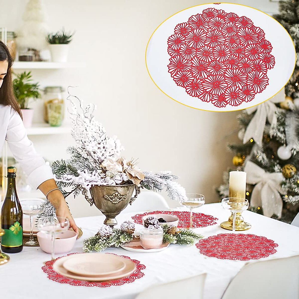 Floral Placemats Wipeable Vinyl Placemats 15 Inch Round Place Mats Farmhouse Kitchen Table Mats Heat Resistant Washable Pressed Vinyl Dining Table Mats Wedding Anniversary Decoration, Red
