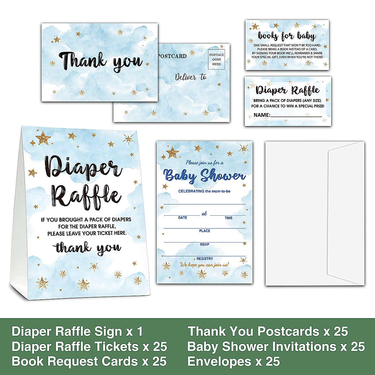 Baby Shower Cards Kit,Moon and Stars Set of 25 Baby Shower Invitations with Envelopes, Book Request Cards for Baby Shower,Sleepover Themed Baby Shower Party Favor Decoration(13)