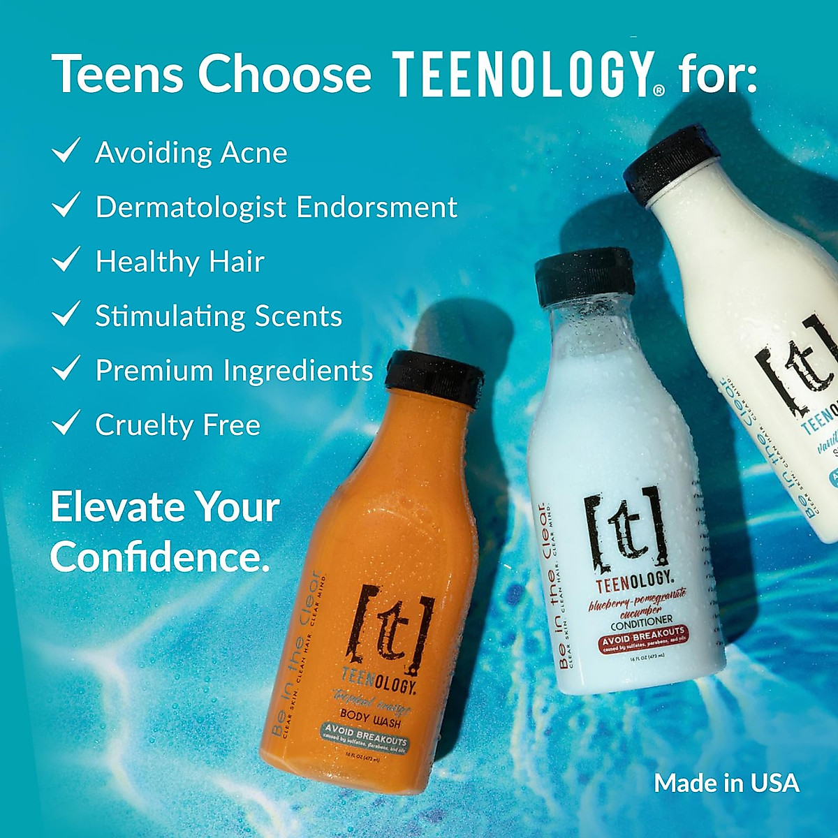 Teenology Shampoo for Teens - Avoid Forehead and Body Breakouts - No Sulfates or Parabens, Noncomedogenic, Natural Botanical Extracts, 16 oz. (Blueberry Pomegranate Cucumber)